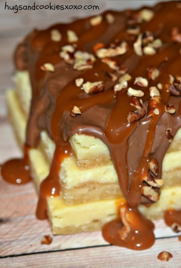 TURTLE CHEESECAKE SUGAR COOKIE BARS-CHOCOLATE, CARAMEL & PECANS...OH MY ...